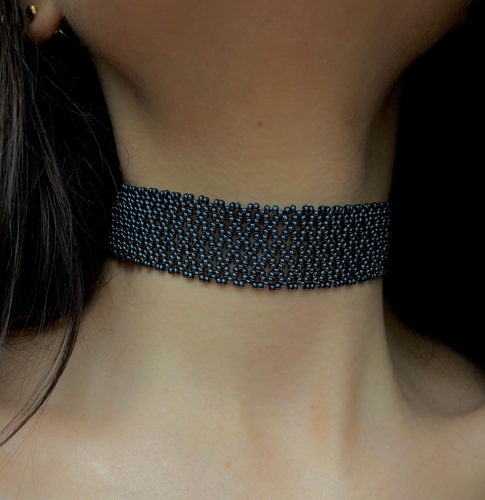 Thick Grey Metallic Seed Bead Choker Necklace Women, Silver Wide Collar ...