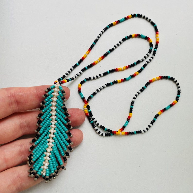 26 Feather Pendant Seed Bead Indigenous Necklace Native - Etsy