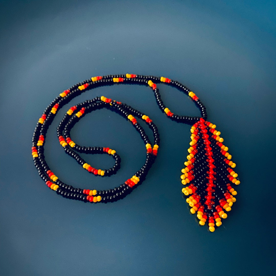 Red Feather Pendant Seed Bead Indigenous Necklace, Native American ...