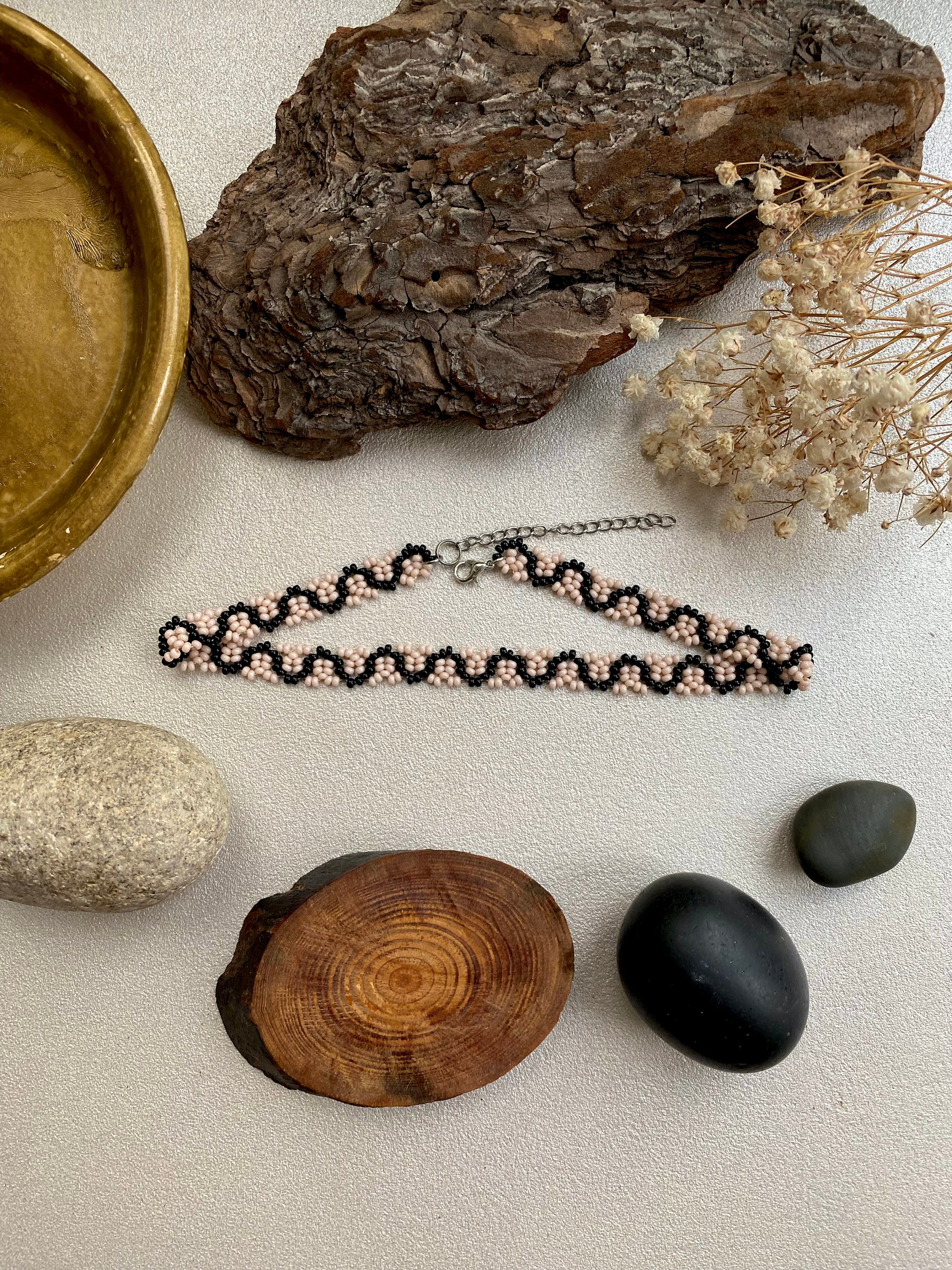 Black Beige Seed Bead Choker Necklace, Boho Hippie Choker, Unique ...