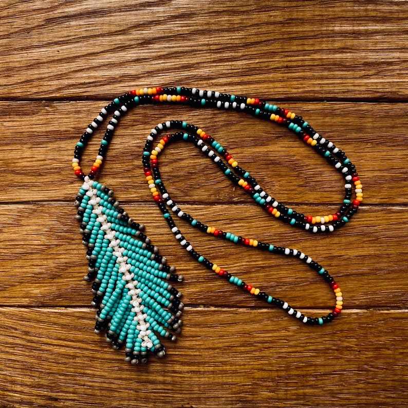 26 Feather Pendant Seed Bead Indigenous Necklace Native - Etsy
