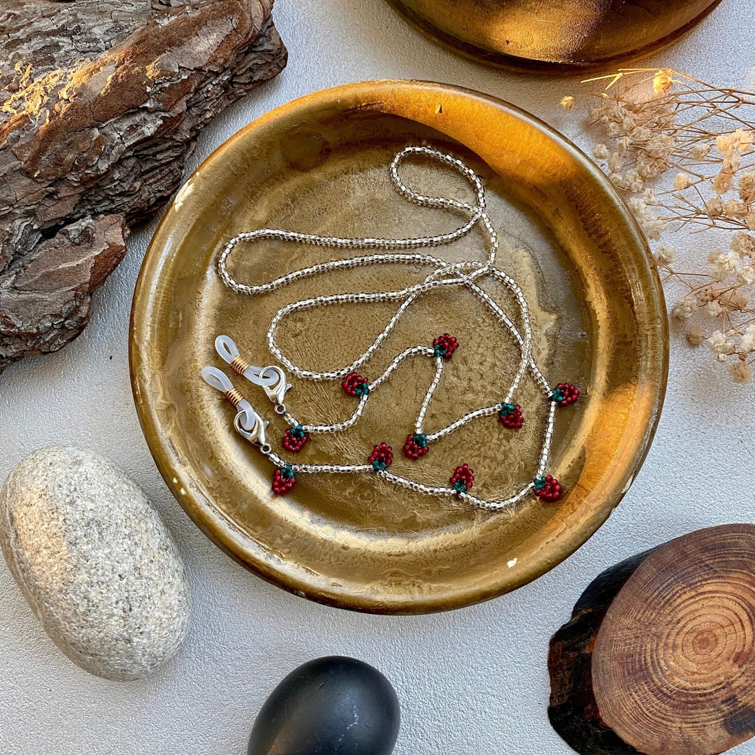 Silver Seed Bead Glasses Chain With Red Berries, Berry Eyeglasses ...