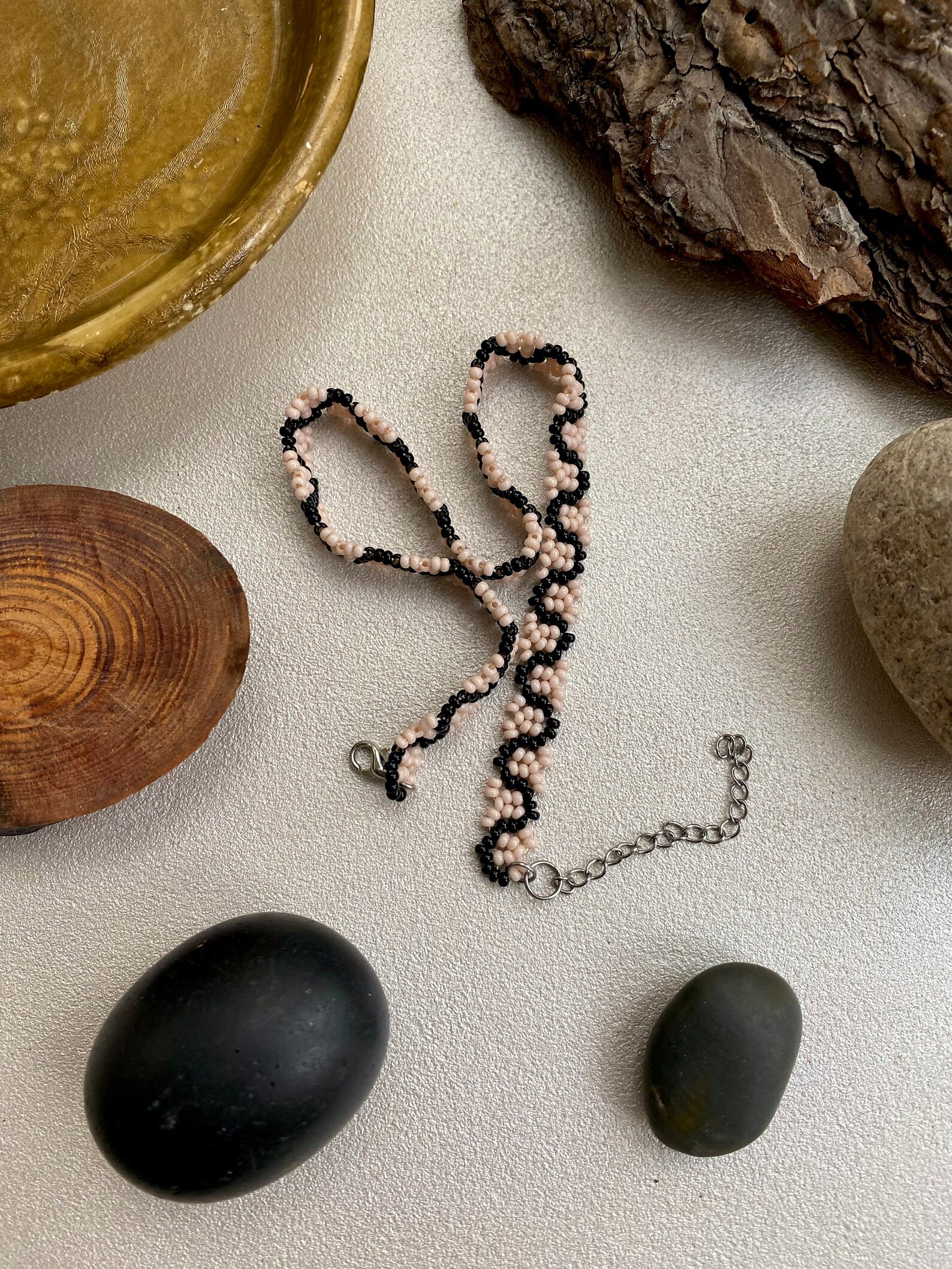 Black Beige Seed Bead Choker Necklace, Boho Hippie Choker, Unique ...