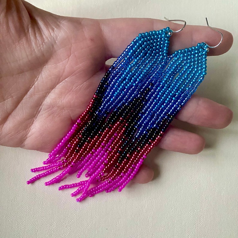 Ombre Blue Pink Seed Bead Fringe Earrings Very Long Dangle - Etsy
