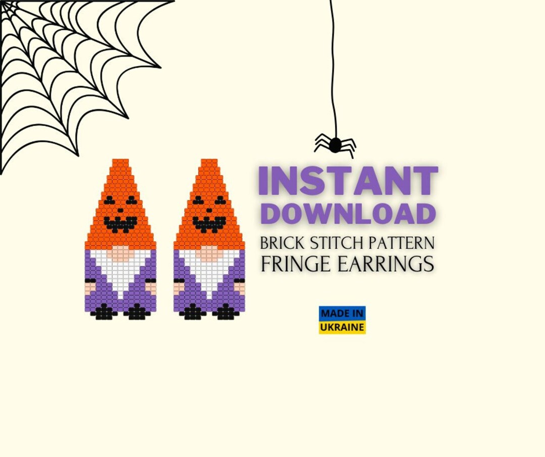 Brick Stitch Pattern Halloween Gnome Earrings, Seed Bead Dwarf Pumpkin ...
