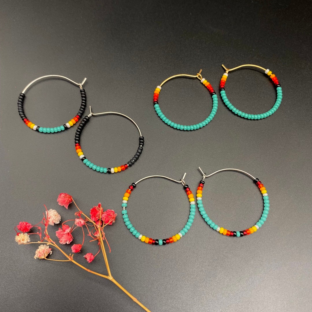 Colorful Seed Bead Hoop Earrings Indigenous Hoop Earrings - Etsy