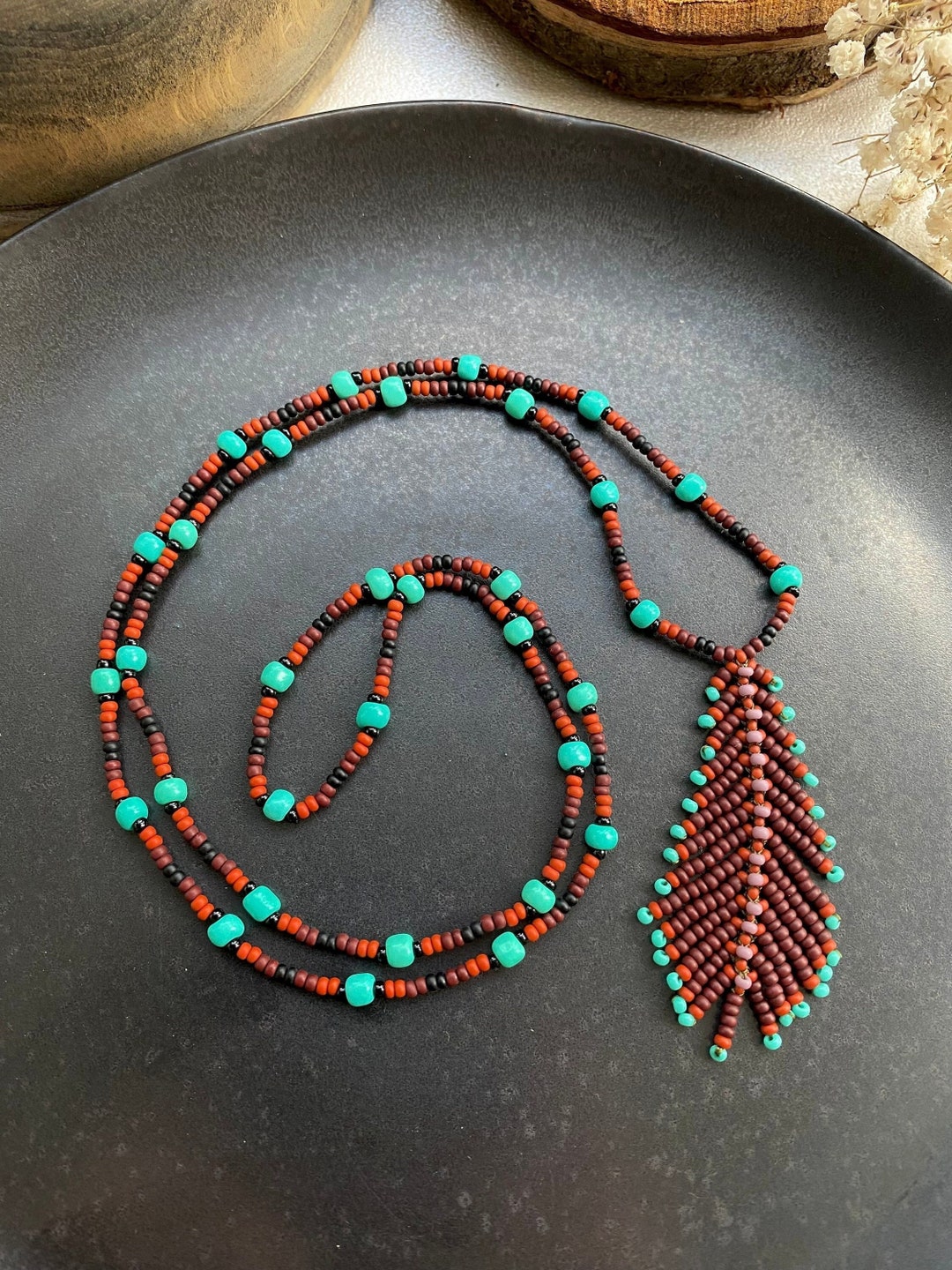 Handmade Seed Bead Feather Necklace for Women Men, Brown Turquoise ...