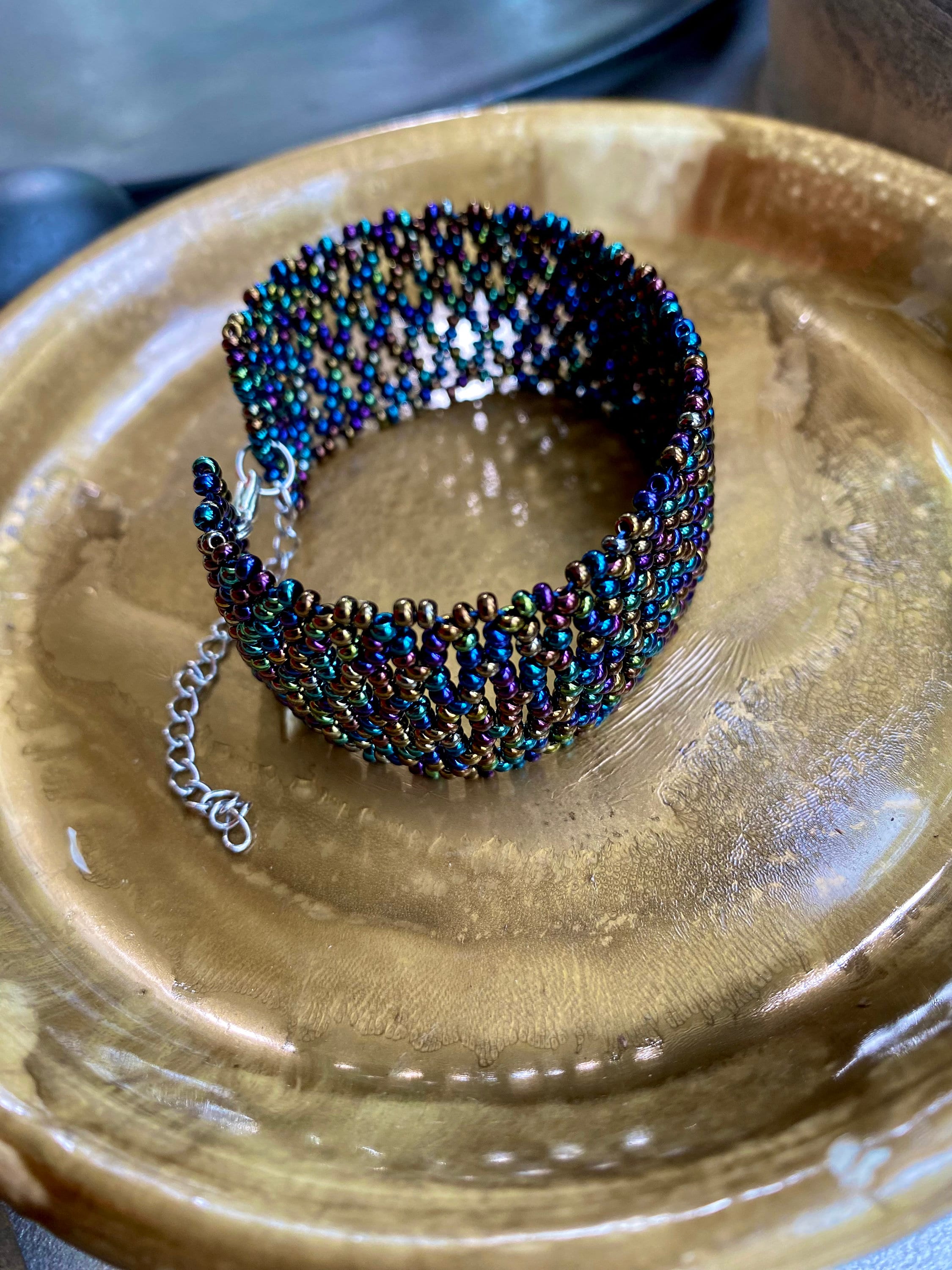 Handmade Navy Blue Seed Bead Bracelet Wide, Green Statement Bracelet ...