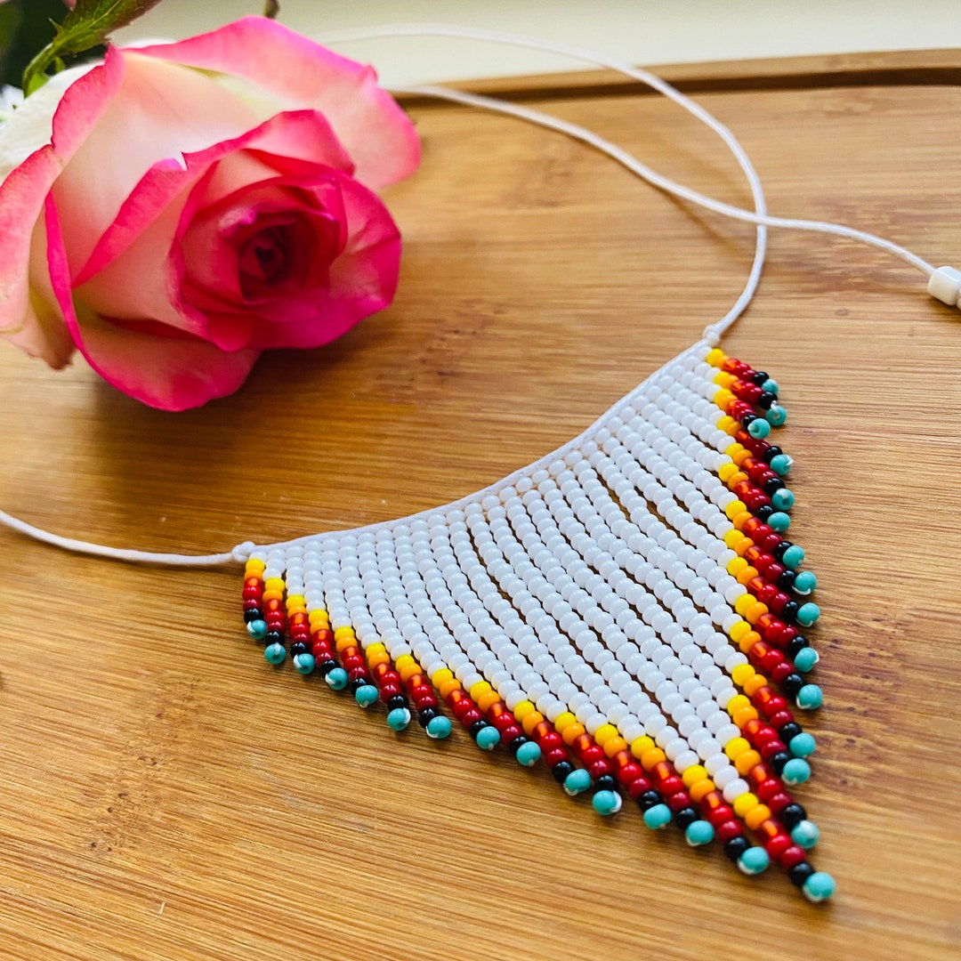 White Seed Bead Fringe Indigenous Necklace Choker Native - Etsy