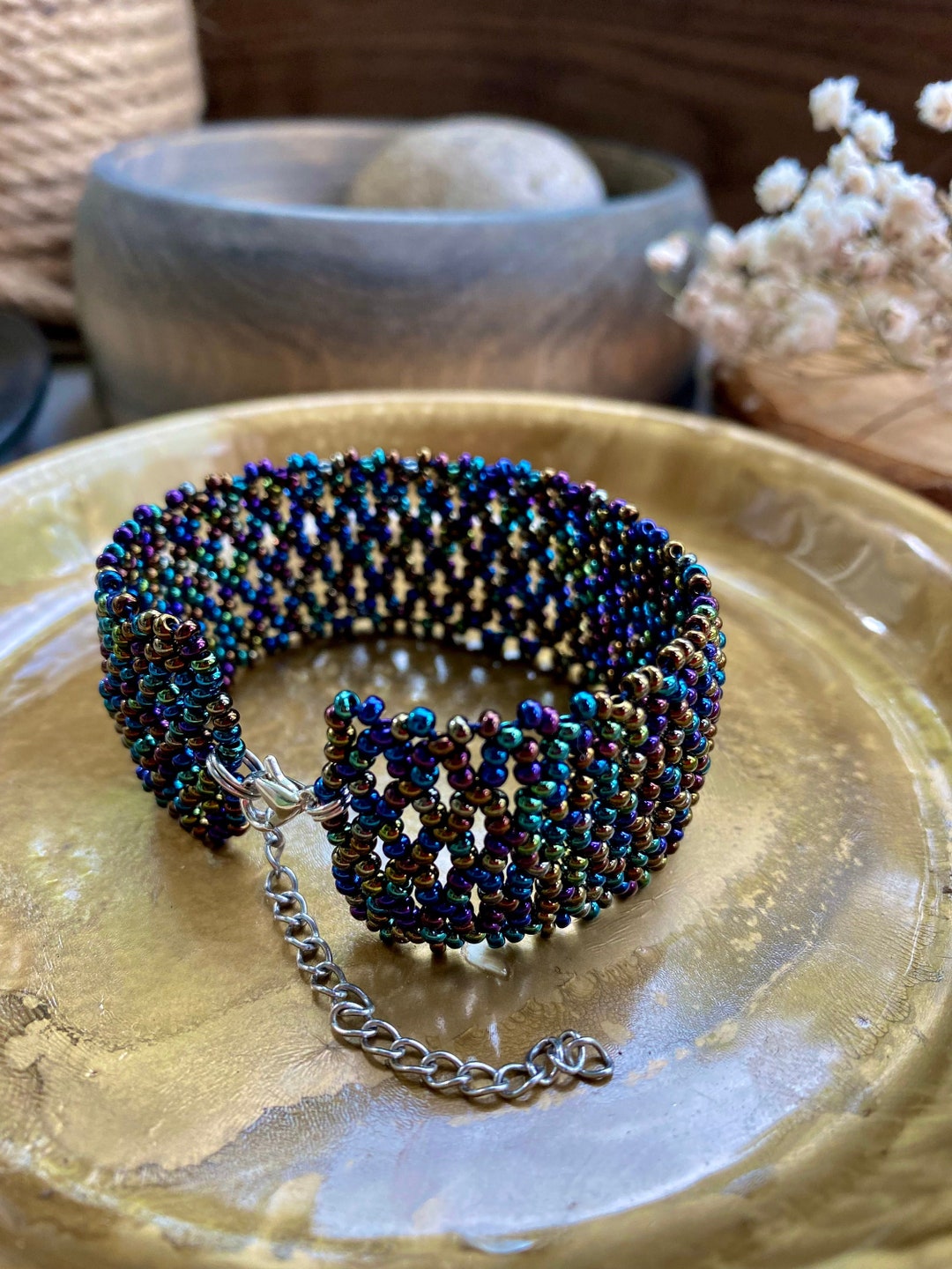 Handmade Navy Blue Seed Bead Bracelet Wide, Green Statement Bracelet ...