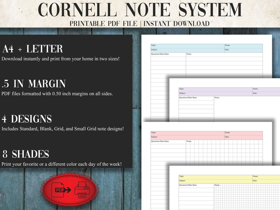 Cornell Note System Printable Bundle – 8 Colors & 4 Layouts - Etsy