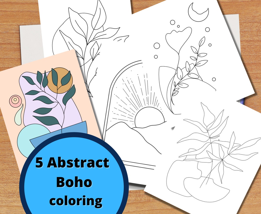 5 Boho Coloring Pages, Abstract Boho DIY Wall Art, Printable Minimal ...