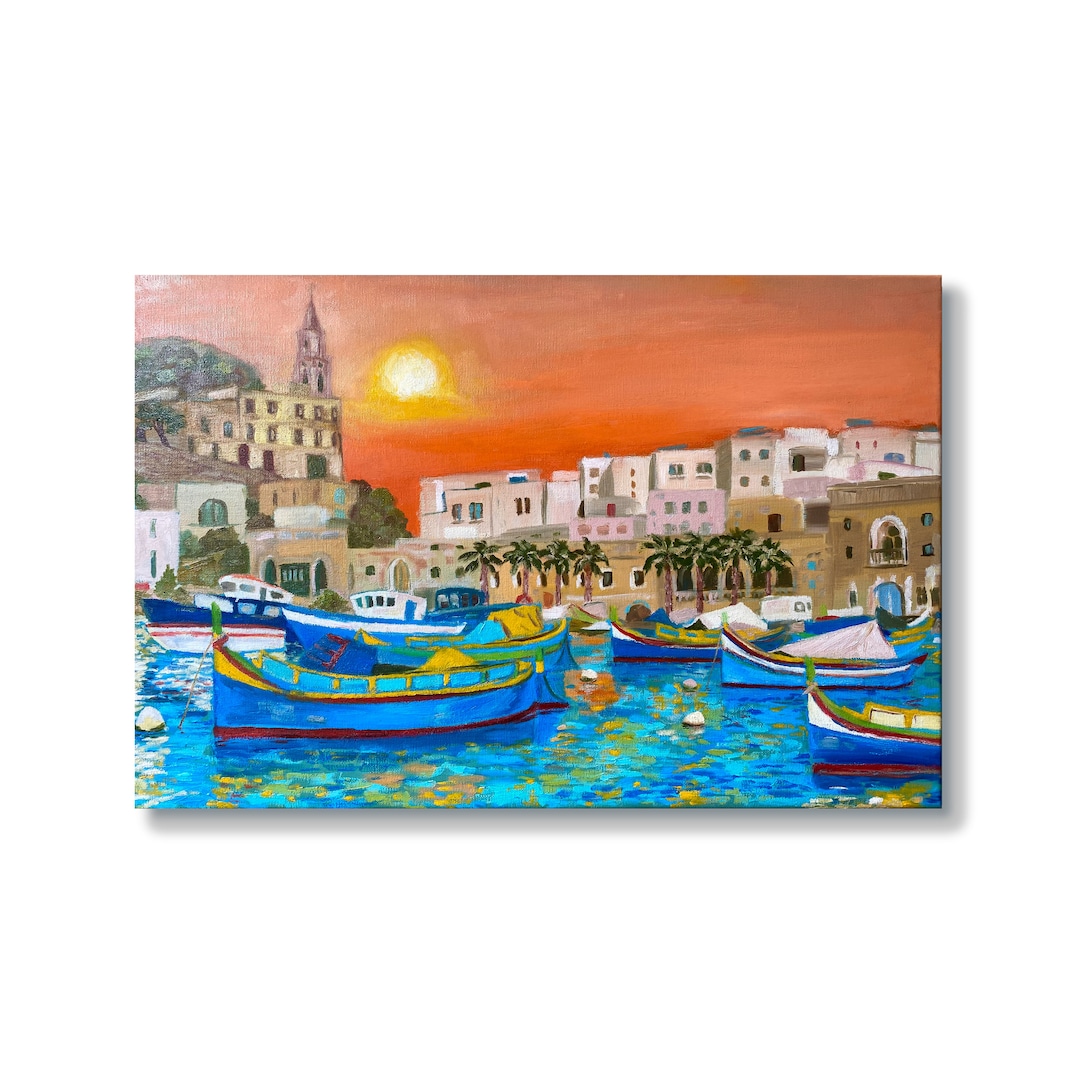 Malta Seascape With Traditional Fishing Boats Luzzu Original Oil ...