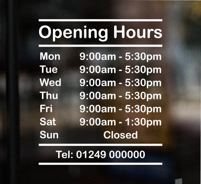 Personalised Shop Opening Hours, Window Door Sticker Customised Times ...