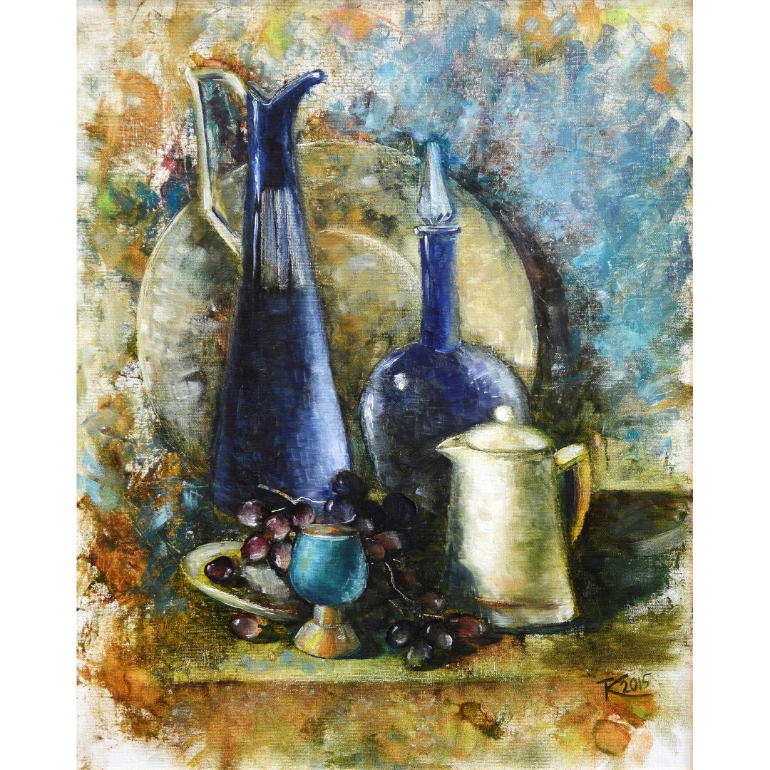 Blue Still Life Oil Painting: Framed Kitchen Impressionism 20" X 16 ...