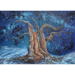 Starry Night Tree Painting: Original Impressionist Oil Artwork (19.7" X ...