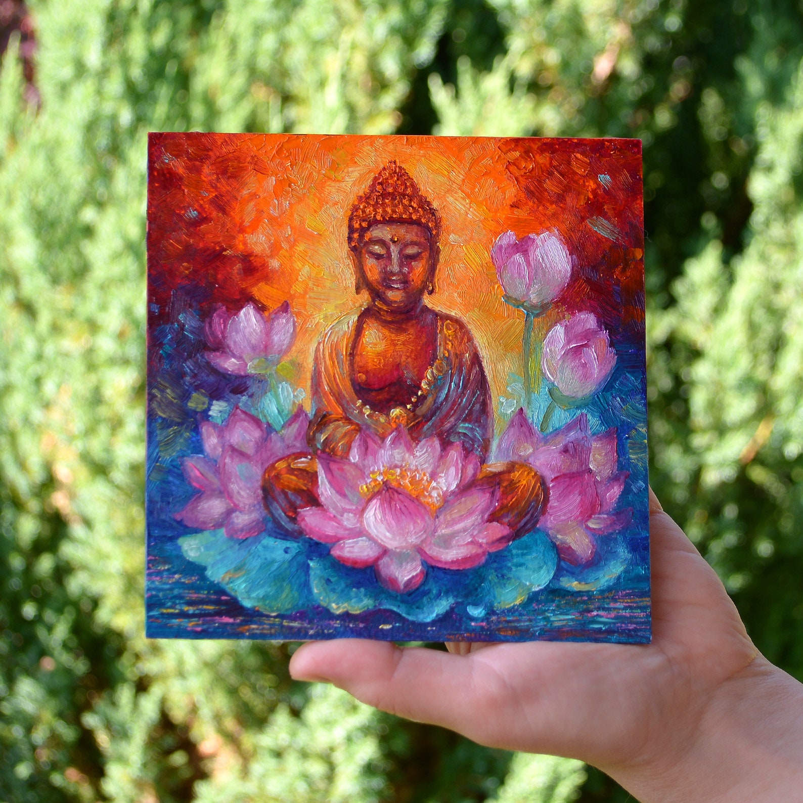 Buddha Oil Painting: Colorful Lotus, Meditative Zen Art (6x6) by ...