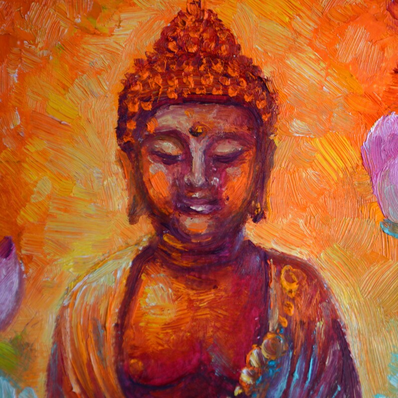 Buddha Oil Painting: Colorful Lotus, Meditative Zen Art (6x6) by ...