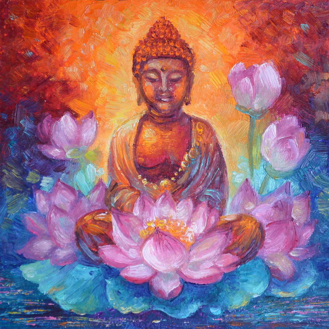 Buddha Oil Painting: Colorful Lotus, Meditative Zen Art (6x6) by ...