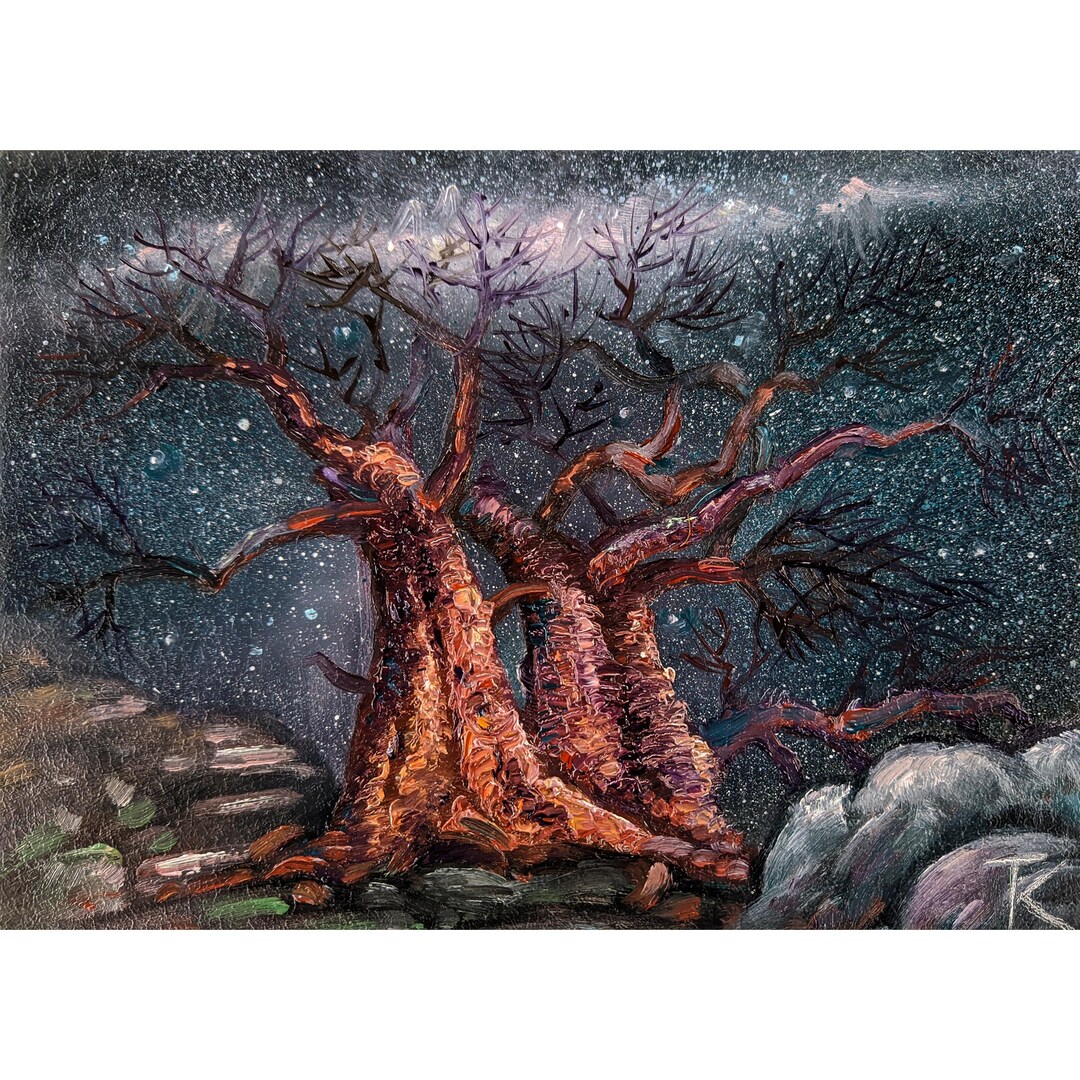 Starry Night Tree Painting Original Fantasy Art 7 X 5 Impressionist ...