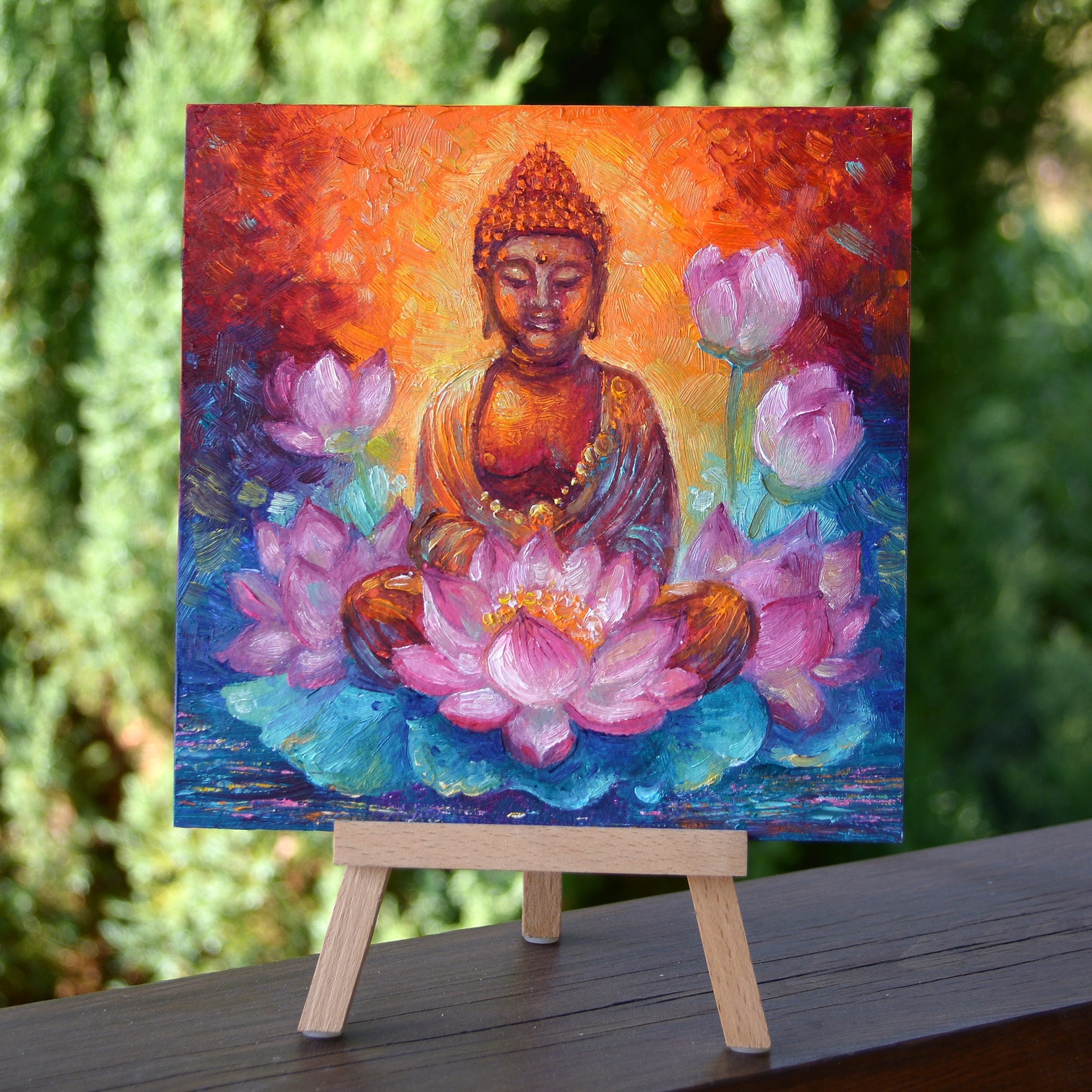 Buddha Oil Painting: Colorful Lotus, Meditative Zen Art (6x6) by ...