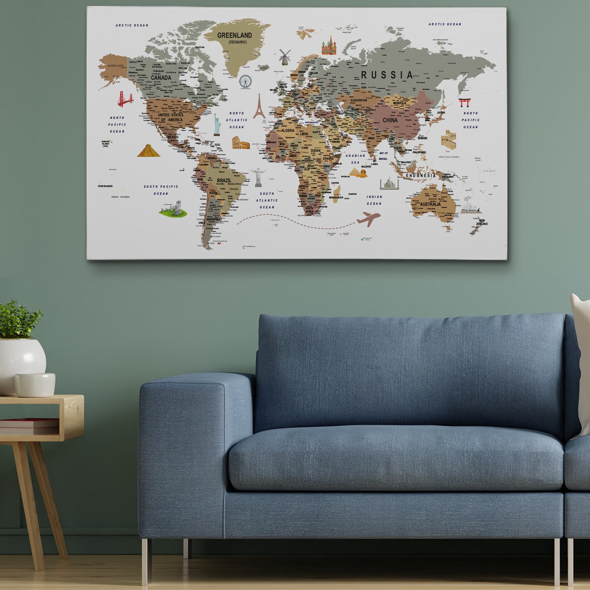 Pastel Color World Map Large World Map Art on Canvas Large | Etsy UK