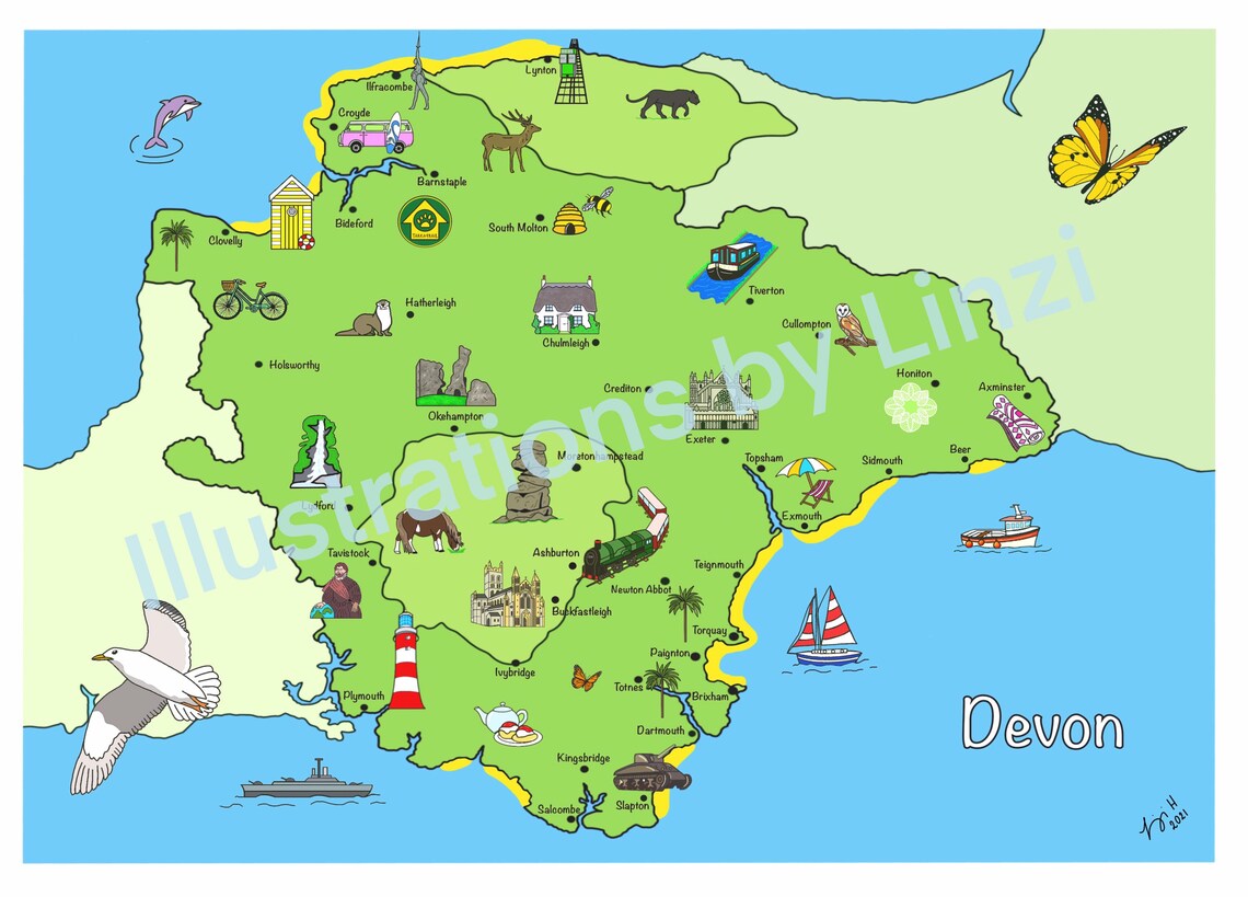 Illustrated map of Devon. A4 digitally hand drawn | Etsy