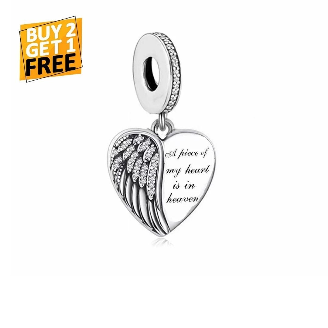 Angel Wings Charm, A Piece of My Heart is in Heaven Charm, CZ, S925 ...