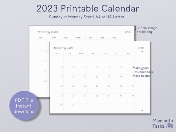 2023 Printable Monthly Calendar With Notes Horizontal - Etsy