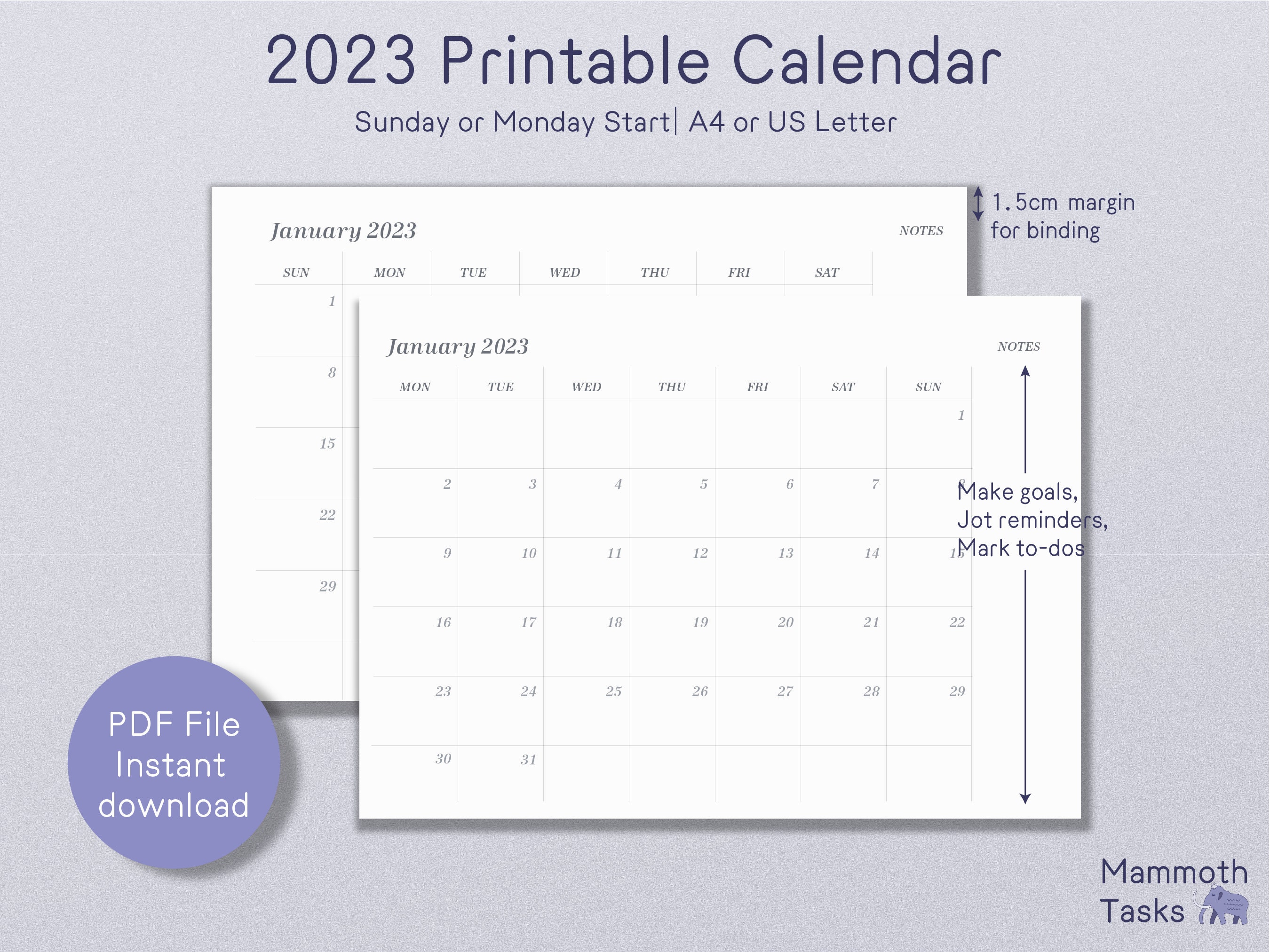 2023 Printable Monthly Calendar With Notes| Horizontal Landscape| A4 ...