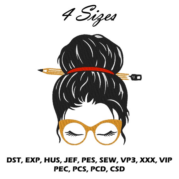 Messy Bun College Bow Headband Woman With Glasses Embroidery | Etsy