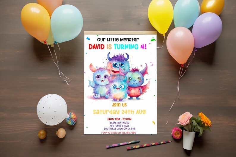 Editable Cute Monster Birthday Invitation Party, Jettemplate Template ...