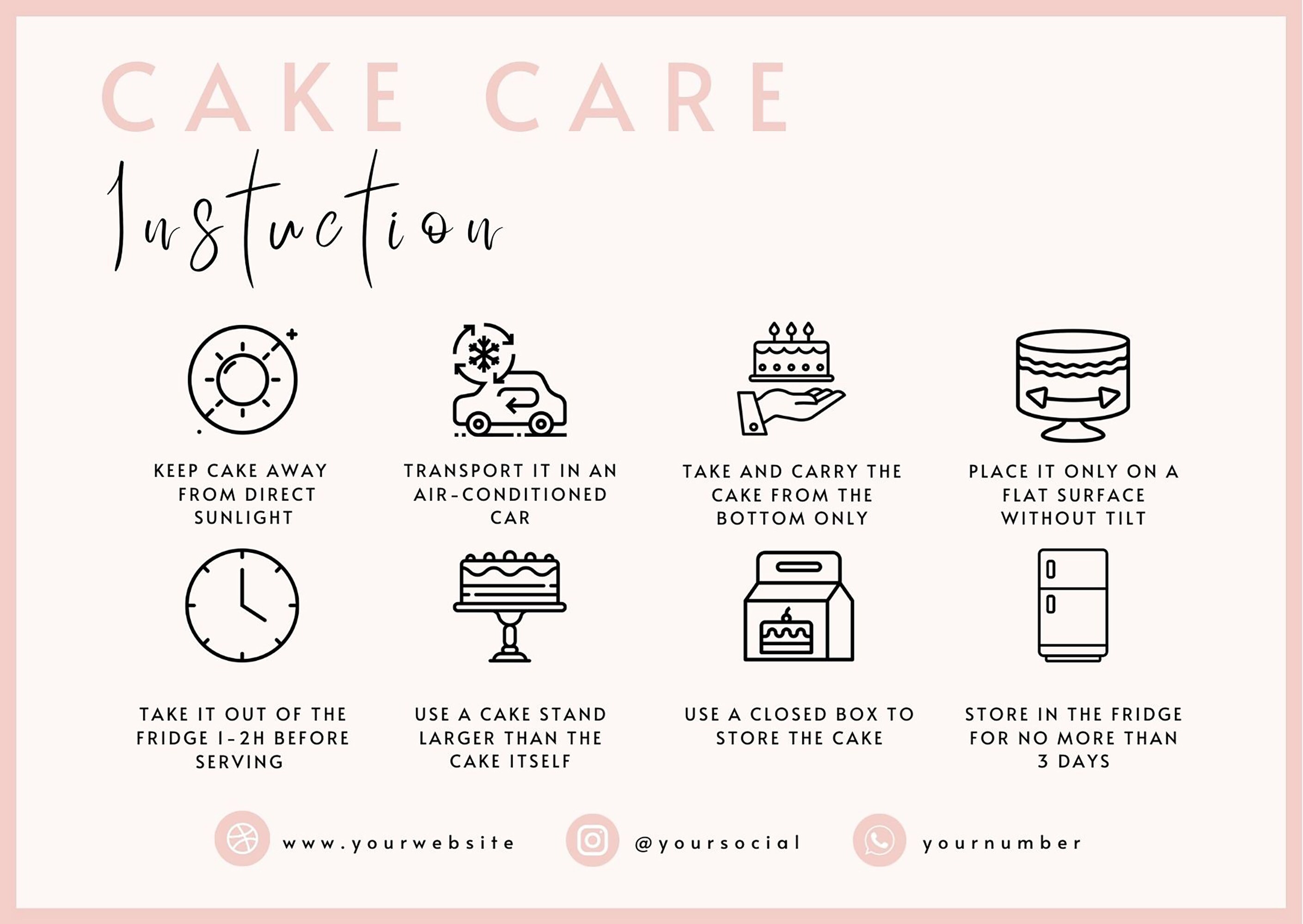 Cake Care Card Template, Canva Editable Cake Care Guide, Printable Pink ...