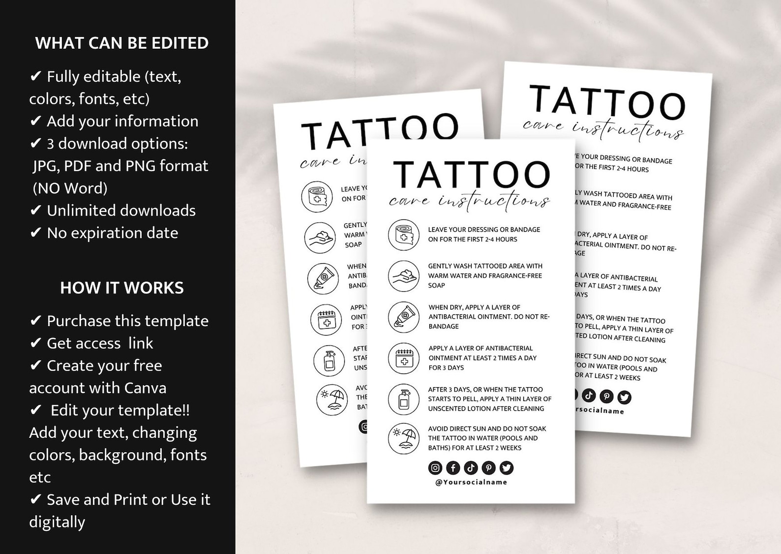 Tattoo Aftercare Card, PMU Aftercare Tattoo Care Cards, Editable Tattoo ...