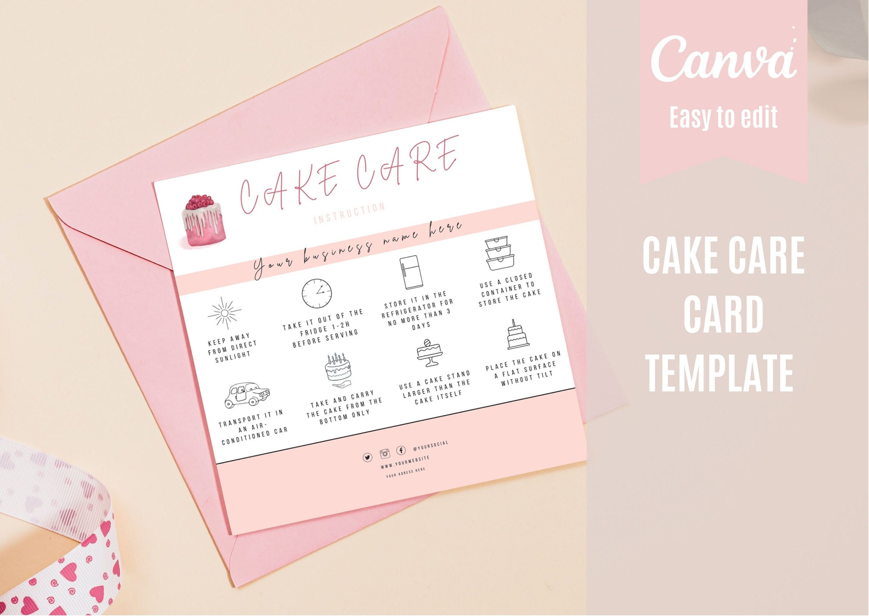 Cake Care Card Template, Square Editable Canva Bakery Business, Wedding ...