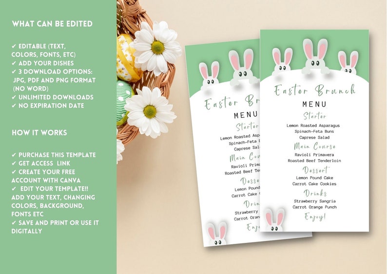 Easter Brunch Menu Template, Printable Easter Menu Rabbit Cards ...