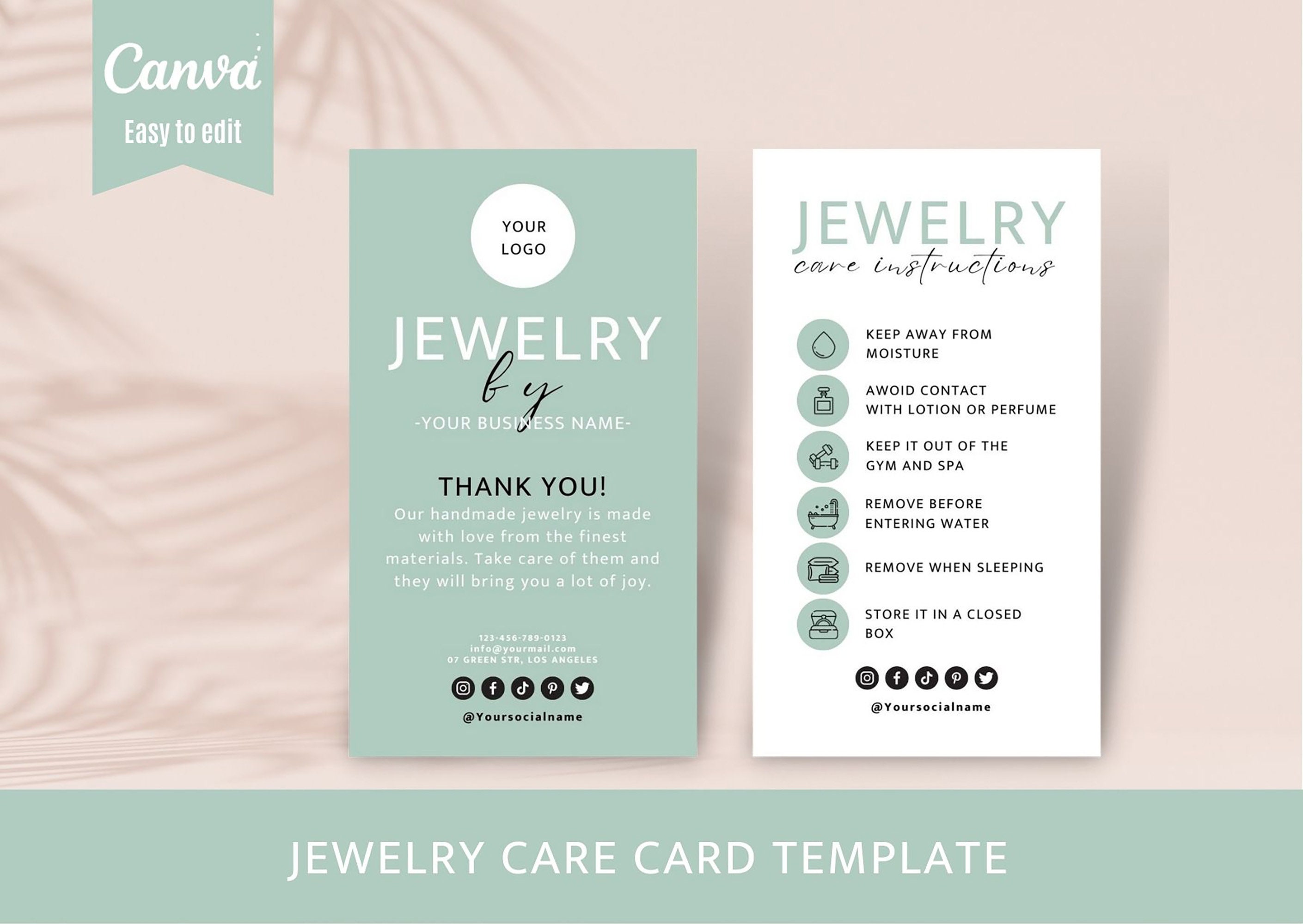 Jewelry Care Card, Printable Jewellery Care Instructions, Editable ...