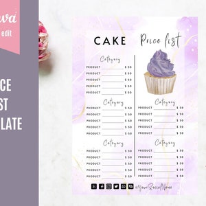 Editable Cake Price List Template for Canva, Bakery Business Price List ...
