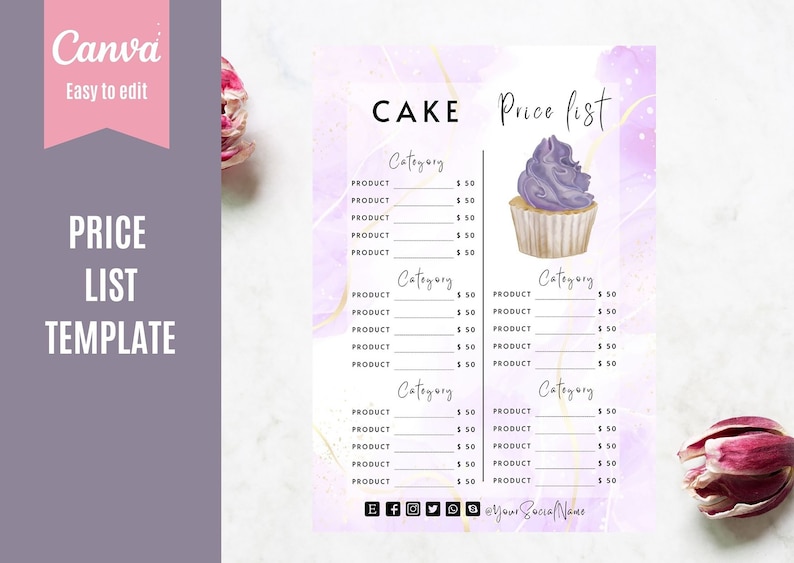 Editable Cake Price List Template for Canva, Bakery Business Price List ...