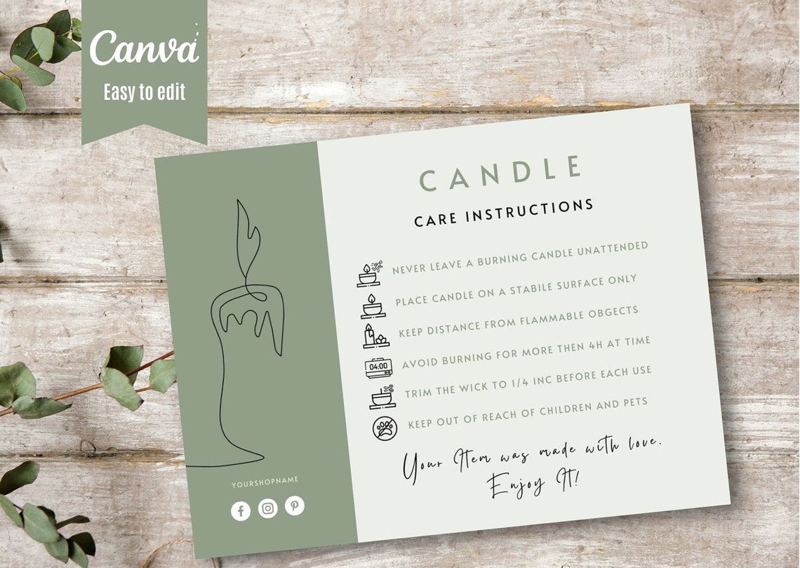 Candle Care Card, Printable Green Candle Care Instructions With Icons ...