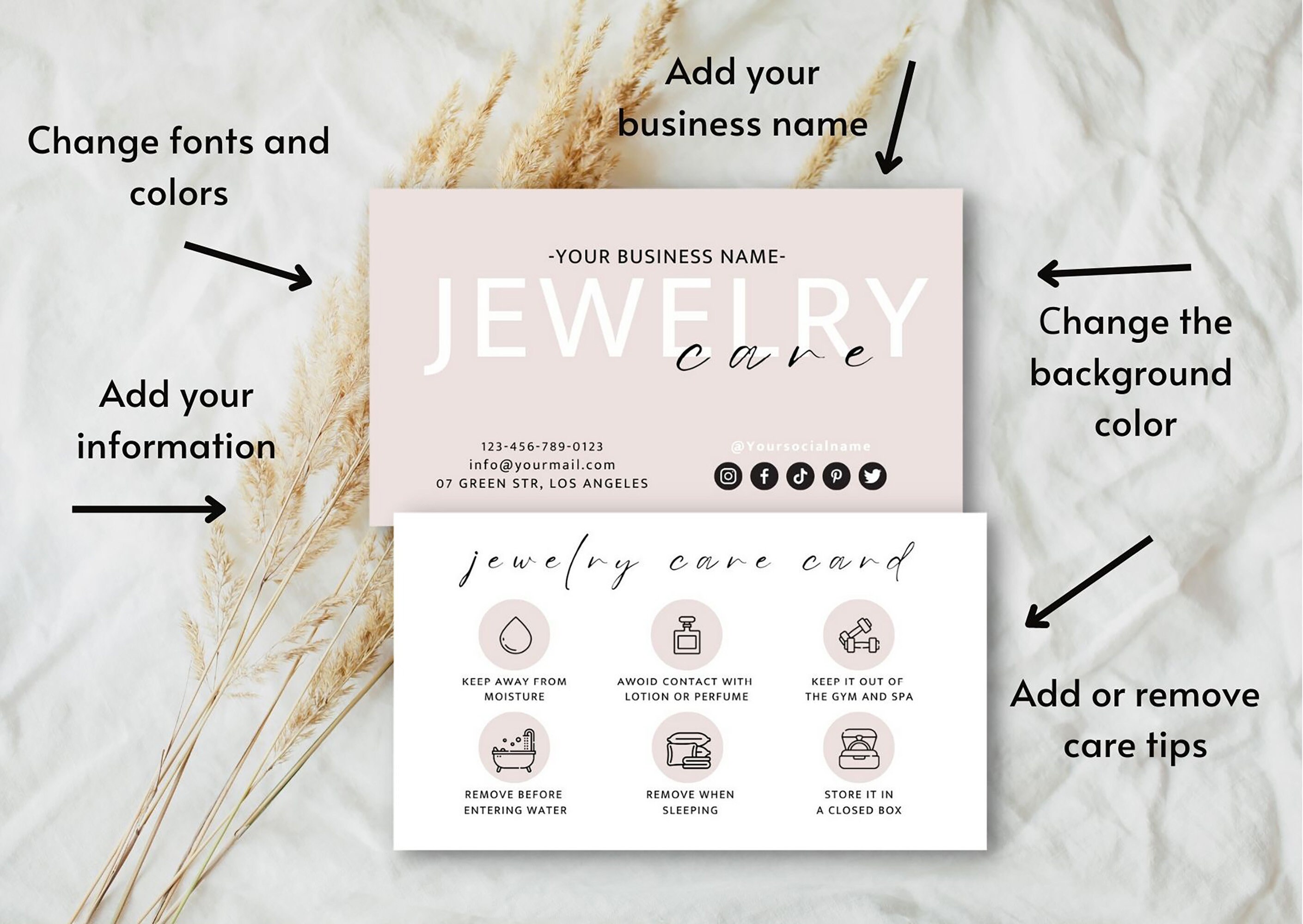 Jewelry Care Card, Printable Jewellery Care Instructions, Editable ...