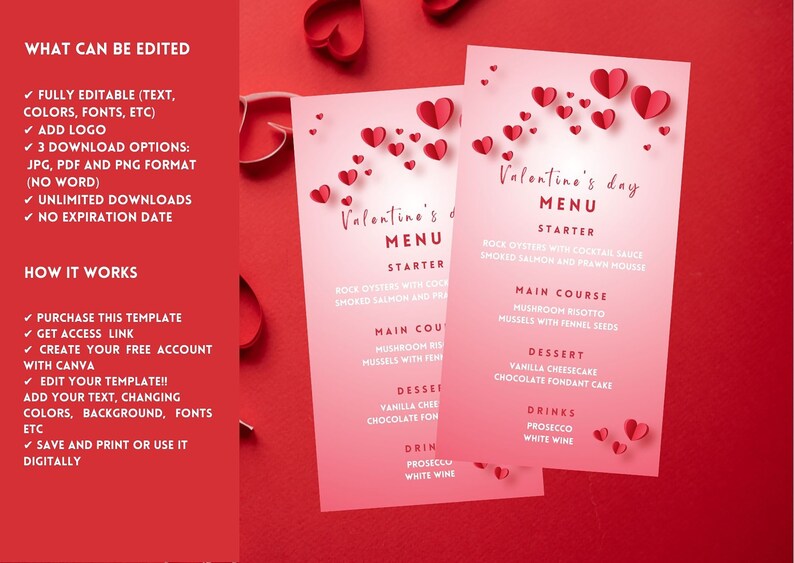 Valentines Day Menu Printable Template, Red Hearts Dinner Party Menus ...
