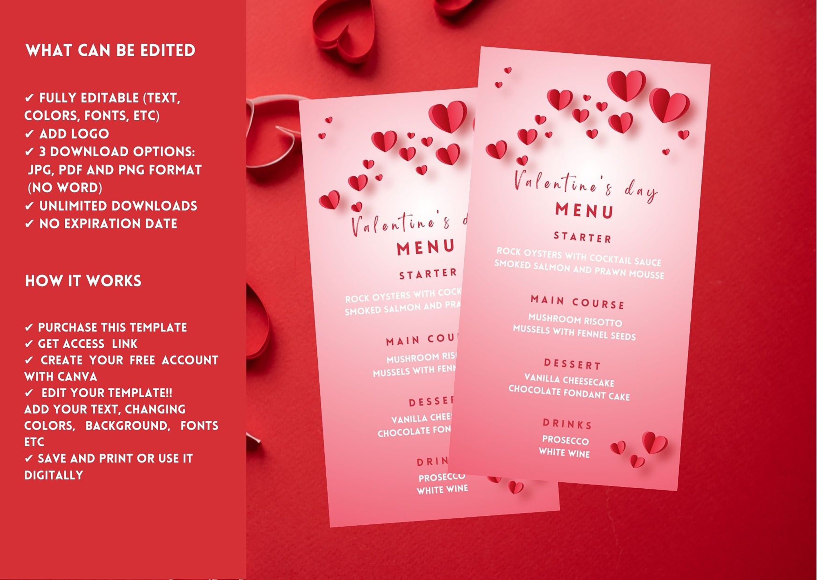 Valentines Day Menu Printable Template, Red Hearts Dinner Party Menus ...