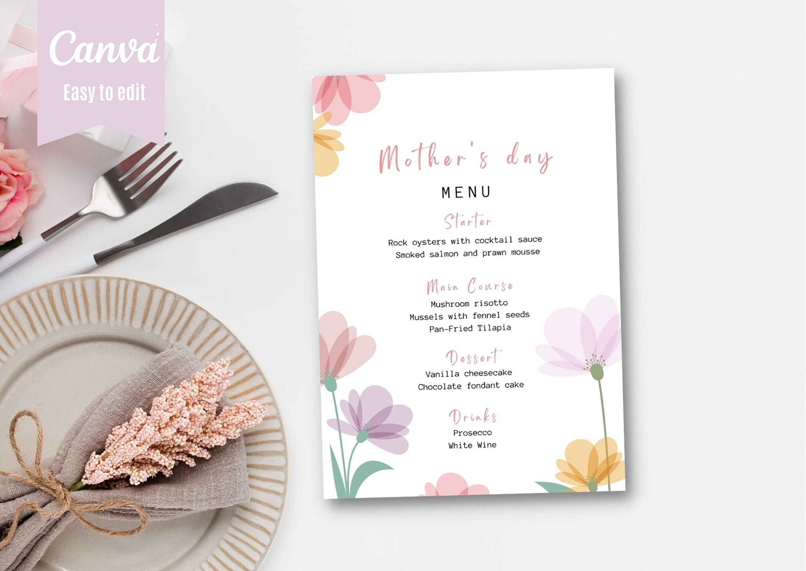 Mothers Day Menu Editable Template, Mother Day Dinner Menu, Mothers Day ...