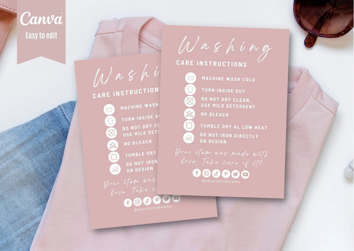Editable Washing Instructions, Pink Printable Apparel Insert Card ...