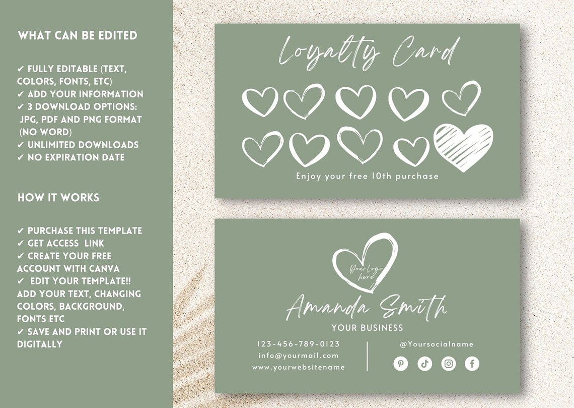 Green Loyalty Card Template, Customer Loyalty Cards, DIY Editable ...