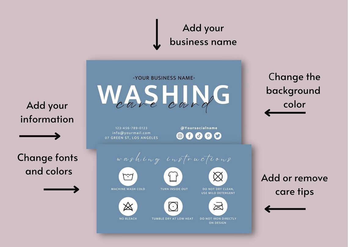 Washing Instructions Card, Printable Apparel Insert Card, Modern ...