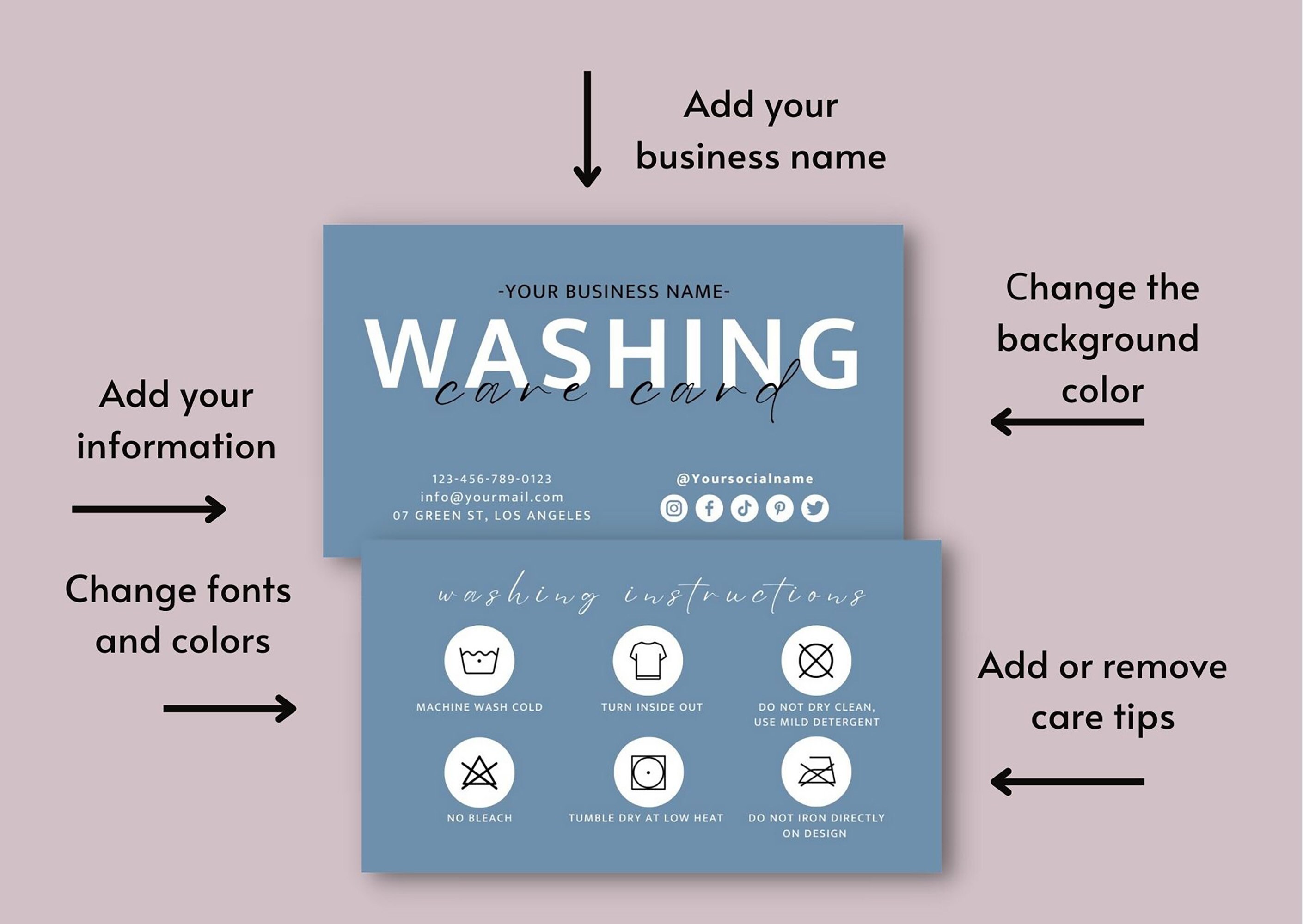 Washing Instructions Card, Printable Apparel Insert Card, Modern ...