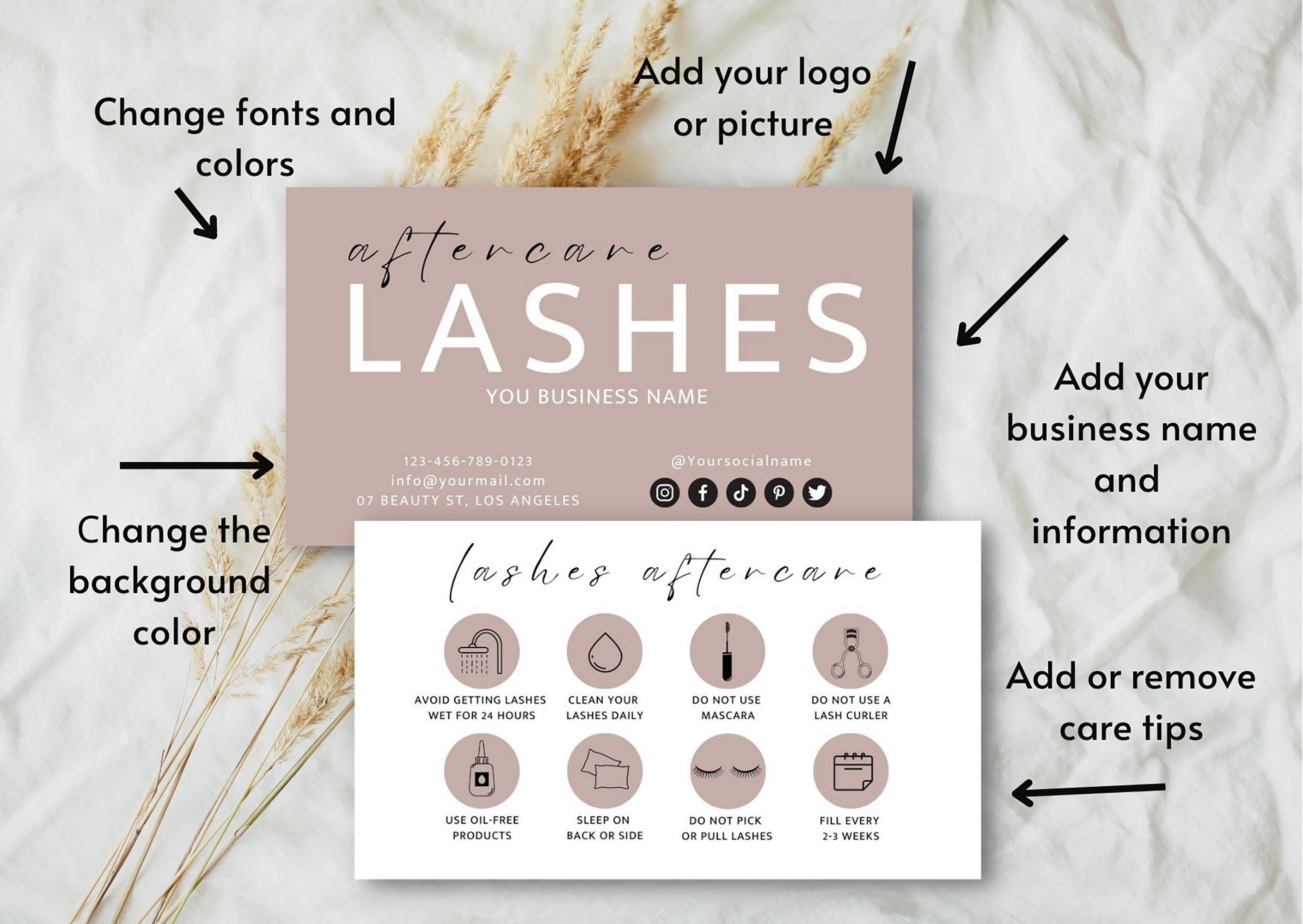 Boho Lash Aftercare Card Template, Lash Care Card, Lash Business Card ...