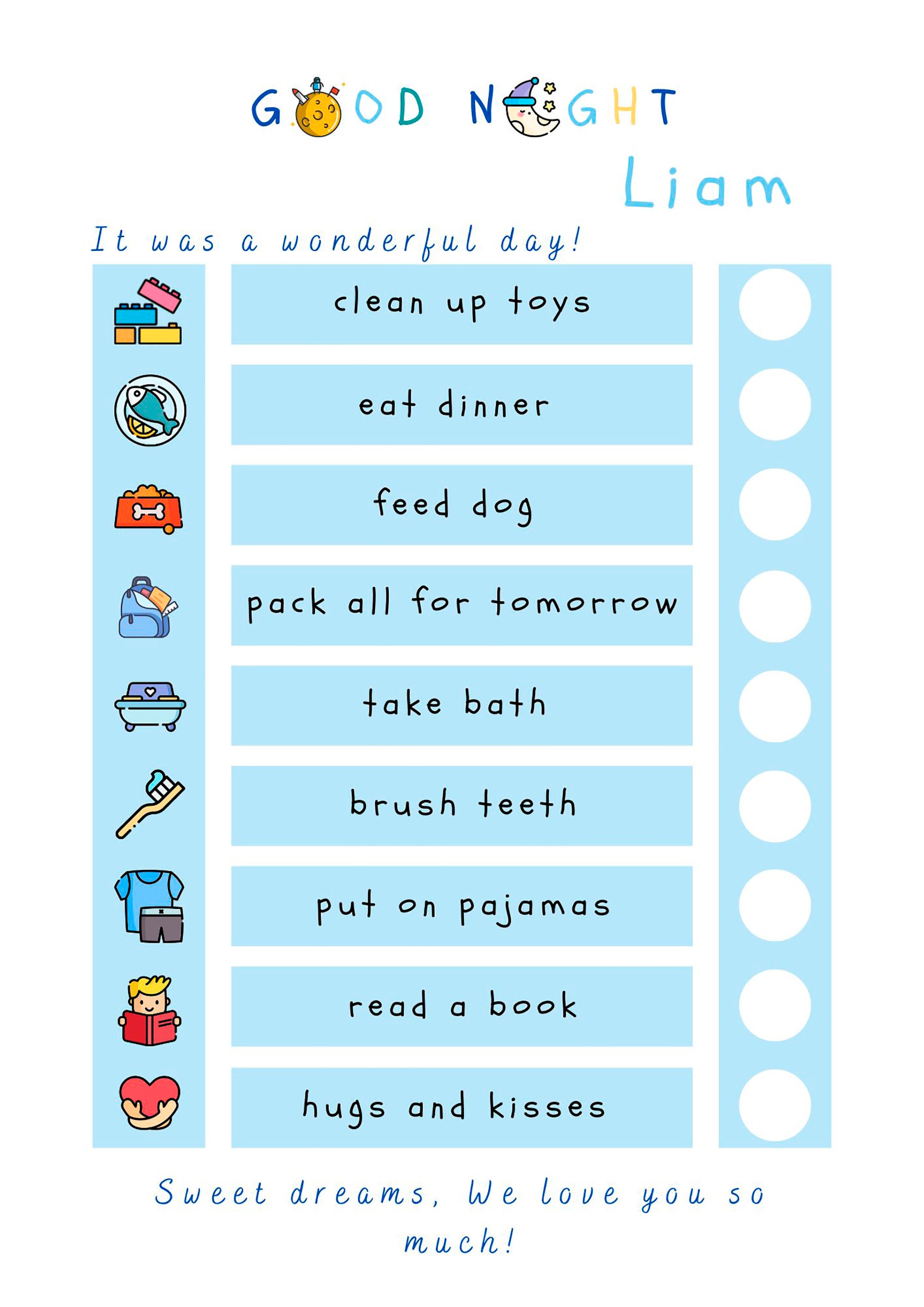 Evening Routine for Kids, Ready for Bed Routine Chart, Printable Tasks ...